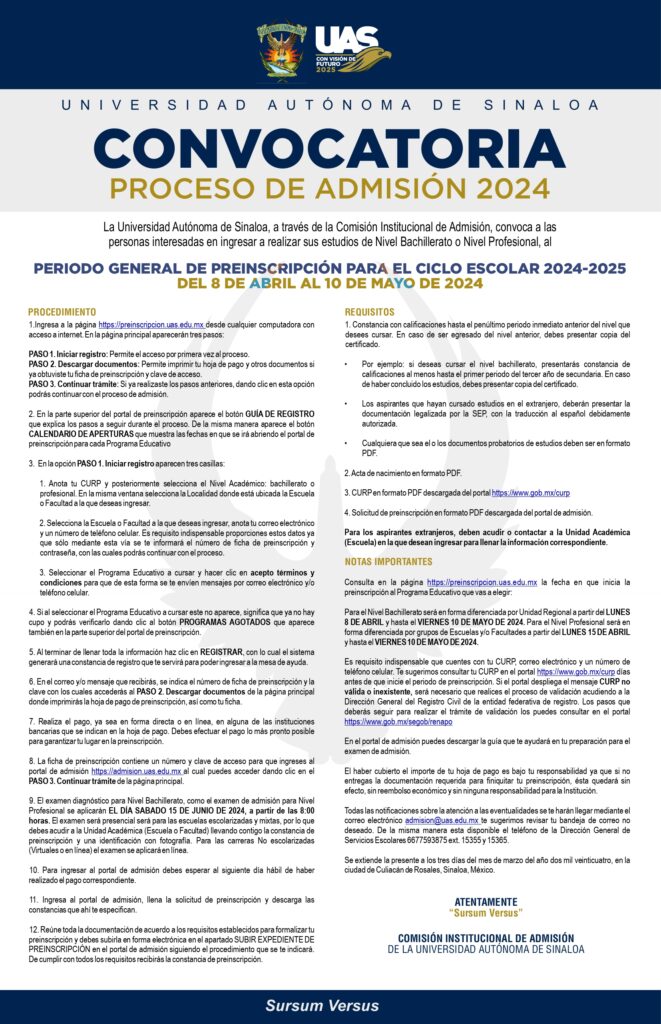 La UAS publica convocatoria de admisión para el ciclo escolar 2024-2025 | Revista Espejo